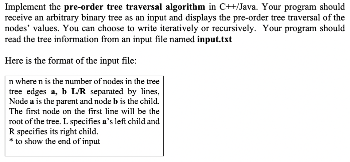 Solved Implement The Pre Order Tree Traversal Algorithm In 9281