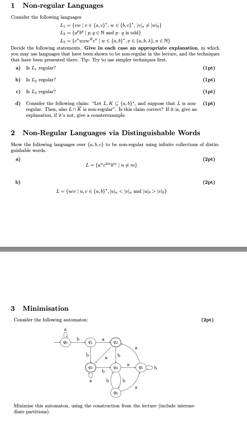Solved 1 ﻿Non-regular LanguagesConsider the following | Chegg.com