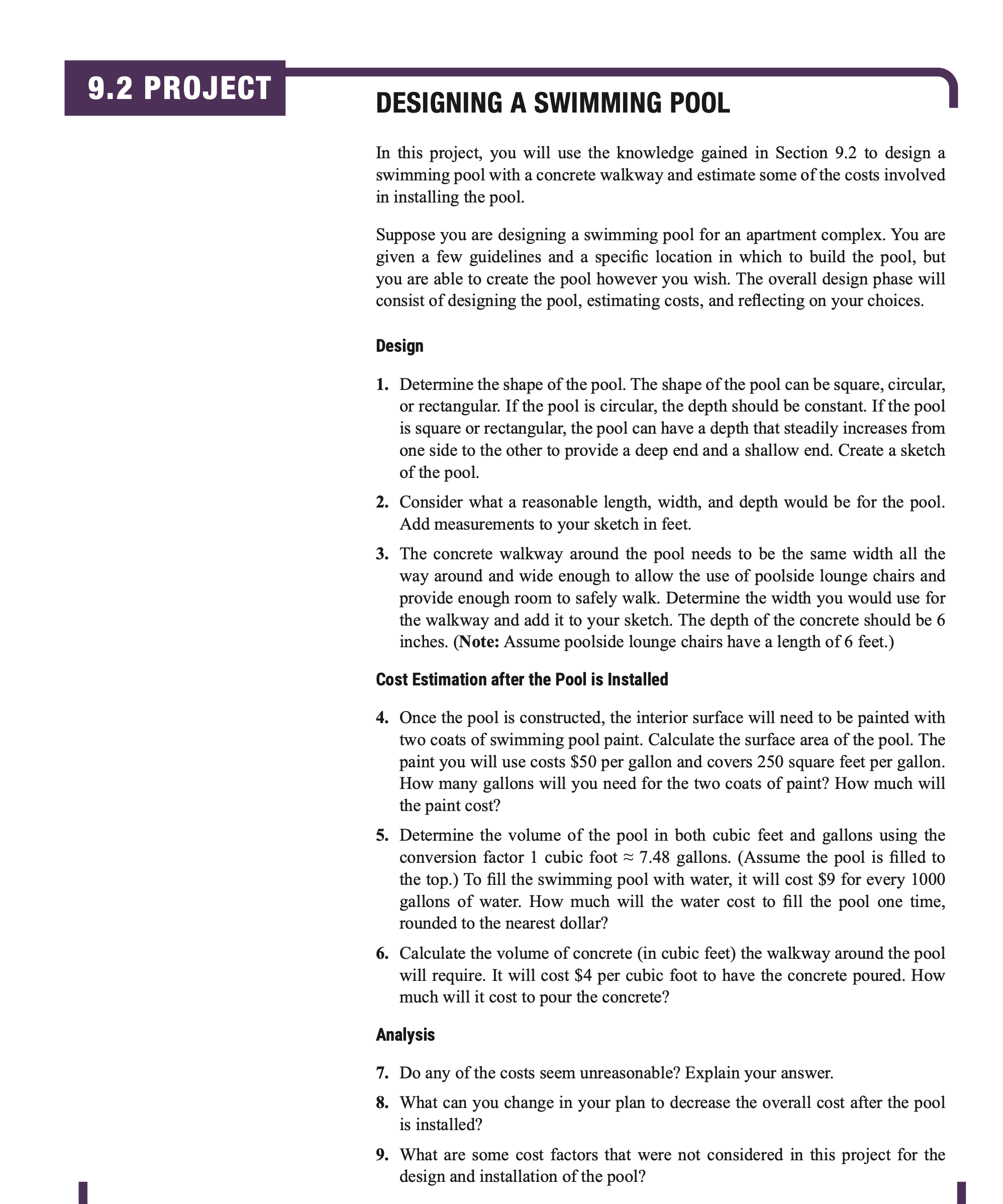 Solved DESIGNING A SWIMMING POOL In this project, you will | Chegg.com