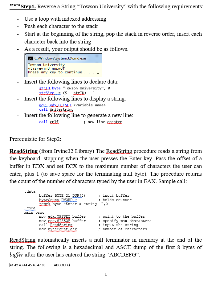Solved ***Step1. Reverse a String "Towson University” with | Chegg.com
