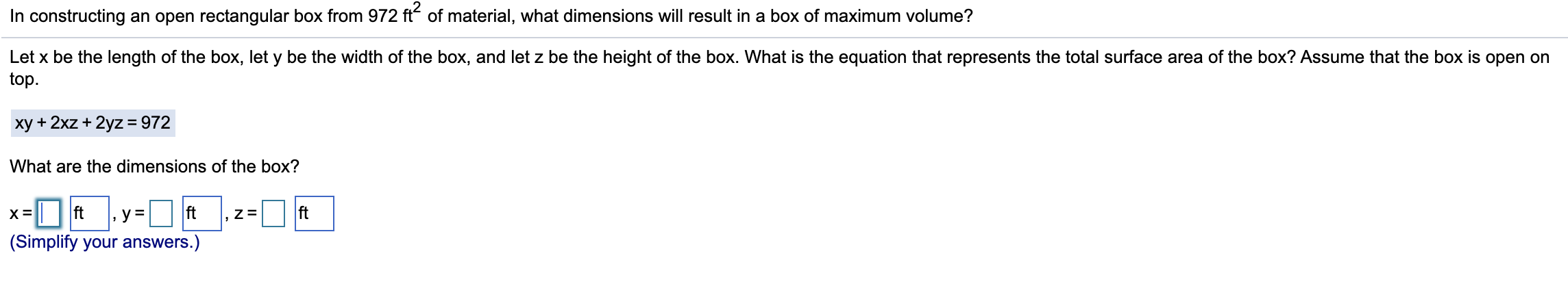 Solved In constructing an open rectangular box from 972 ft | Chegg.com