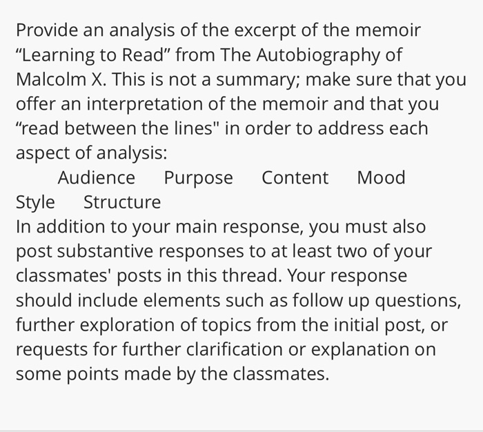 Provide an analysis of the excerpt of the memoir | Chegg.com
