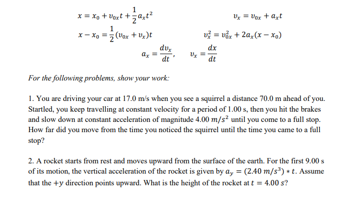 Solved 1 x = xo + Voxt + 1 * — Xo = z (Vox + Vx)t 29t? Ux = | Chegg.com