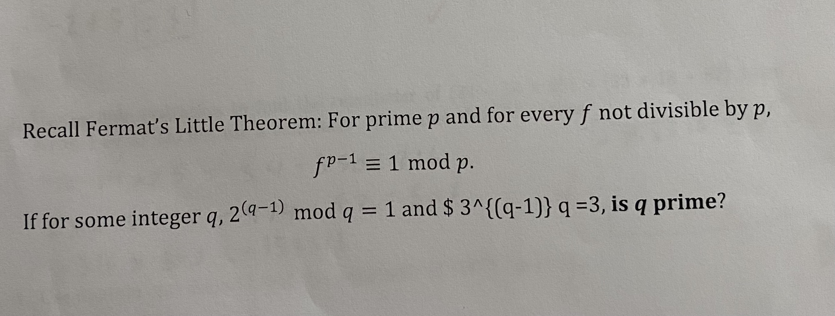 Solved Recall Fermat's Little Theorem: For prime p ﻿and for | Chegg.com