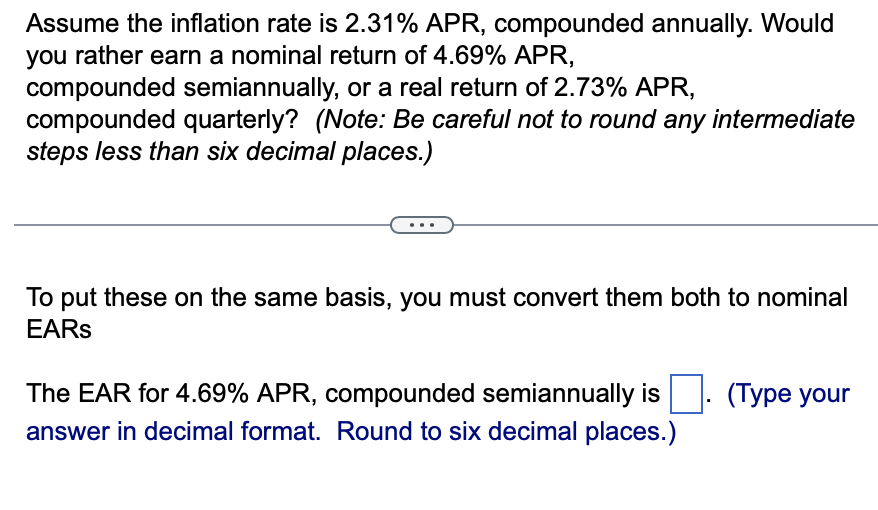 Solved Assume the inflation rate is 2.31% APR, compounded | Chegg.com