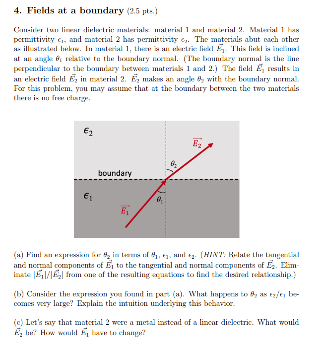 Solved 4. Fields at a boundary ( 2.5 pts.) Consider two | Chegg.com