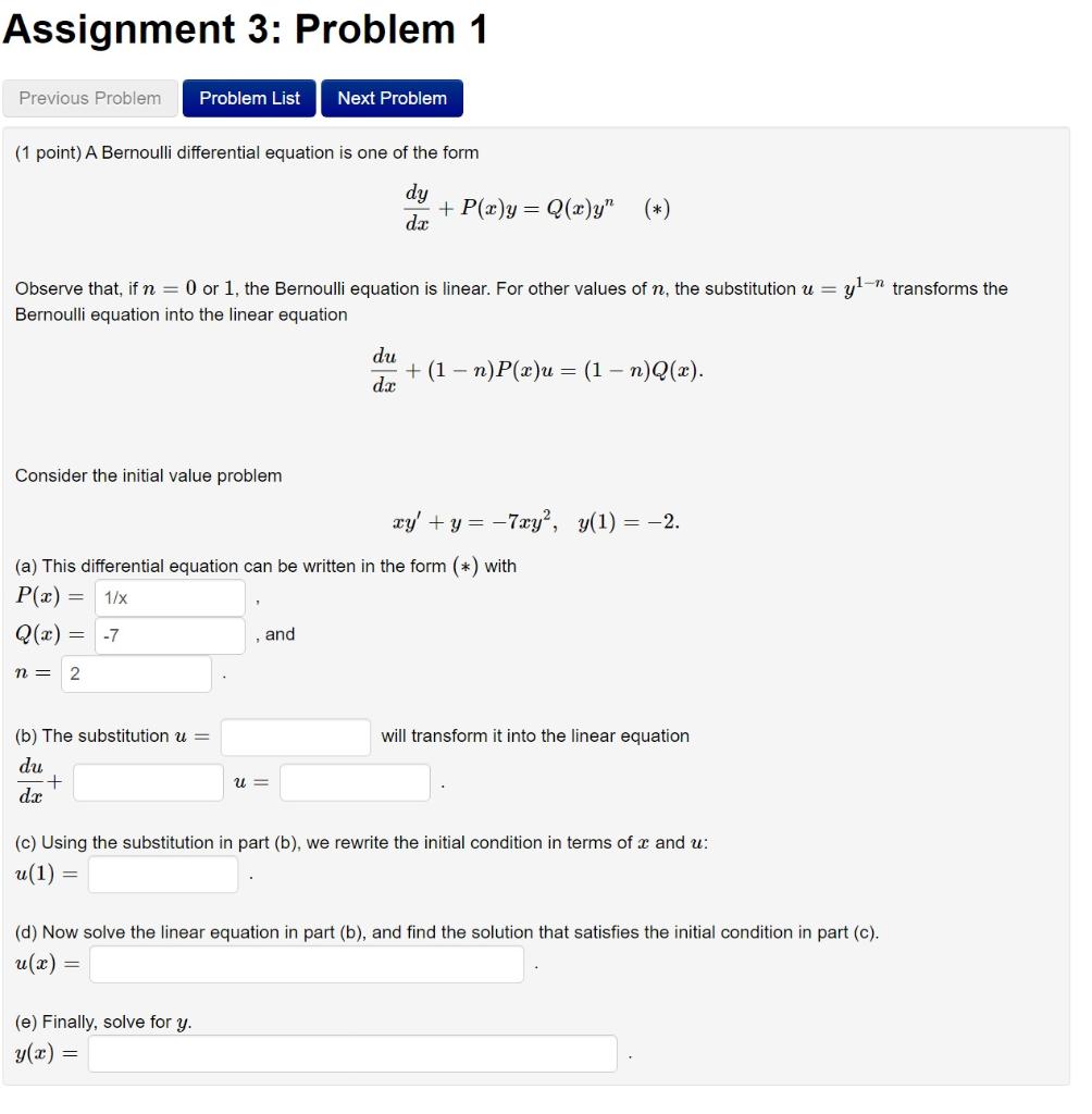 Solved (1 point) A Bernoulli differential equation is one of | Chegg.com