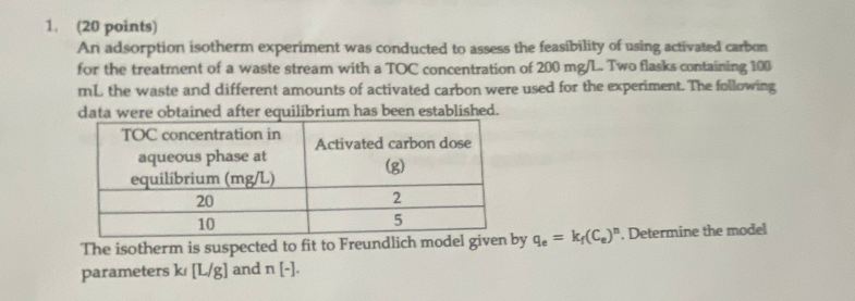 Solved (20 points) An adsorption isotherm experiment was | Chegg.com