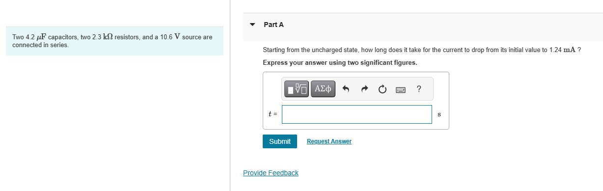 Solved Two 4.2μF ﻿capacitors, two 2.3kΩ ﻿resistors, and a | Chegg.com
