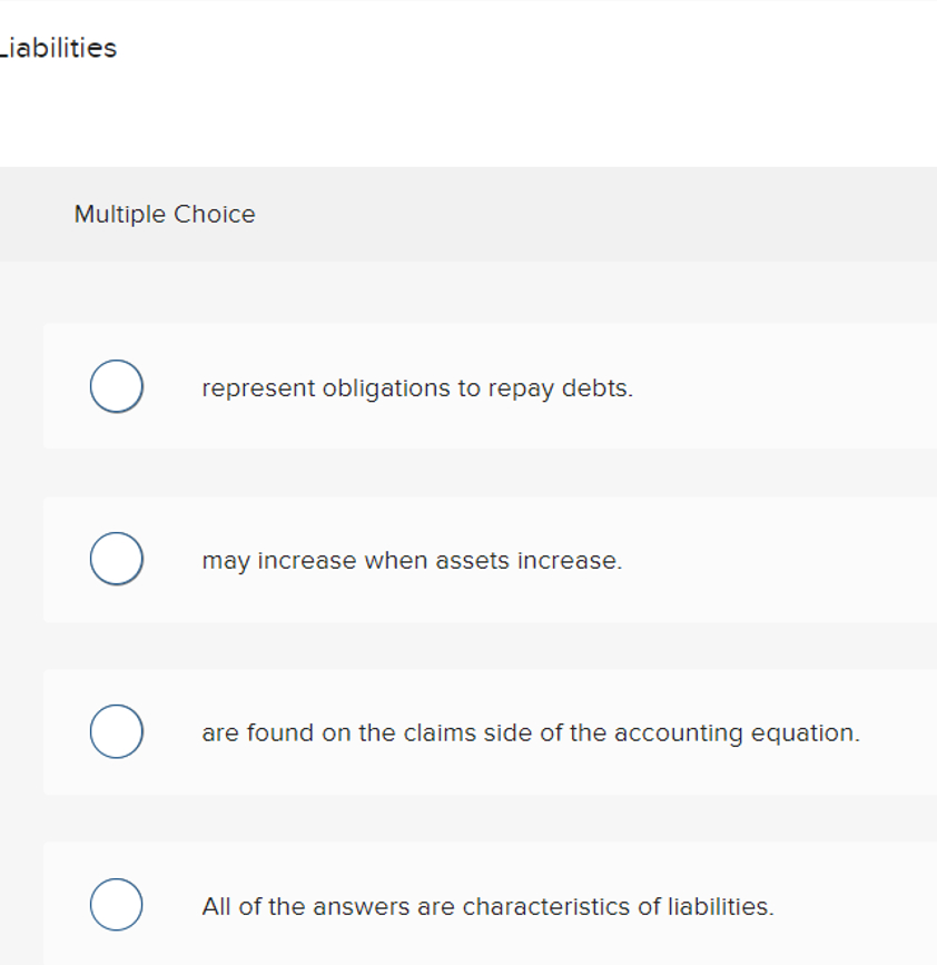 Solved ?iabilitiesMultiple Choicerepresent obligations to | Chegg.com