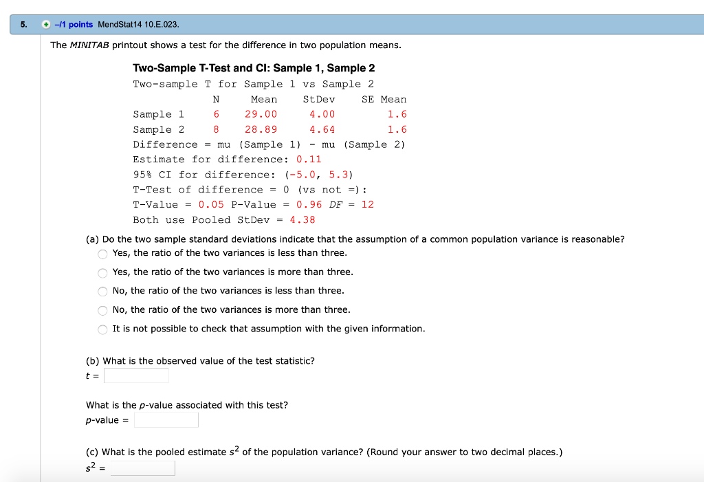 Solved 5.+-11 points MendStat14 10.E.023 The MINITAB | Chegg.com