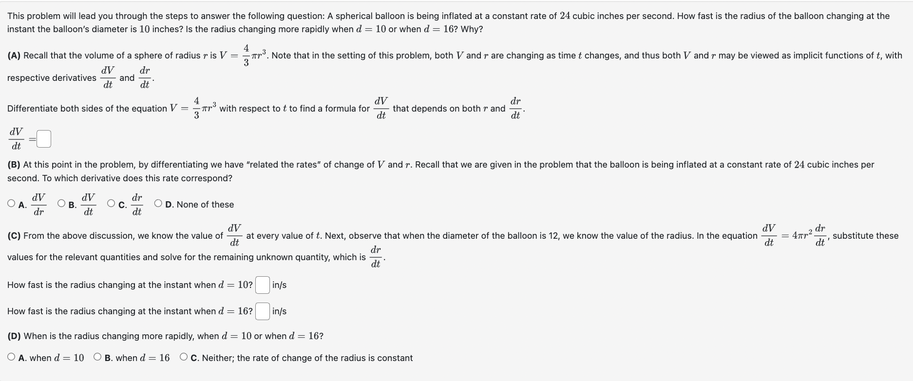 Solved instant the balloon's diameter is 10 ﻿inches? Is the | Chegg.com