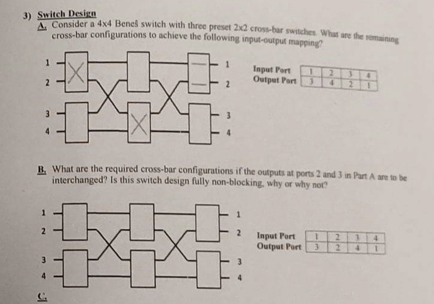 3) Switch Design A) Consider a 4x4 Benes switch with | Chegg.com