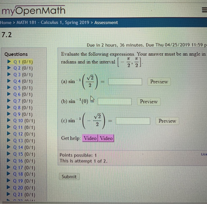 Solved myOpenMath Home > MATH 181 - Calculus 1, Spring 2019 | Chegg.com