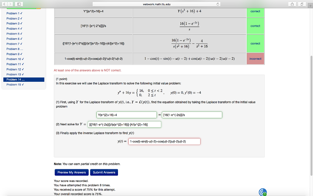 Solved ED webwork.math.ttu.edu Y(s2 16)4 correct Problem 1 | Chegg.com