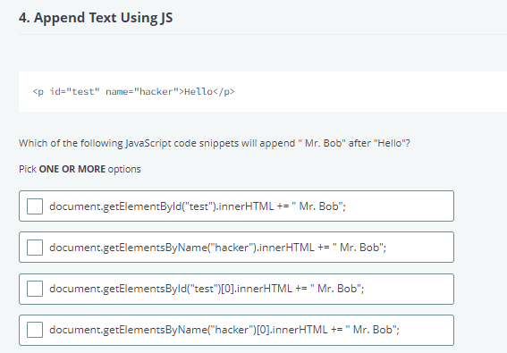 Solved 4. Append Text Using JS p id="test" name="hacker" | Chegg.com