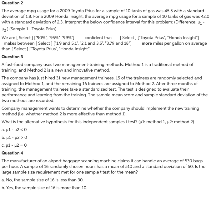 Solved Question 2 The average mpg usage for a 2009 Toyota | Chegg.com