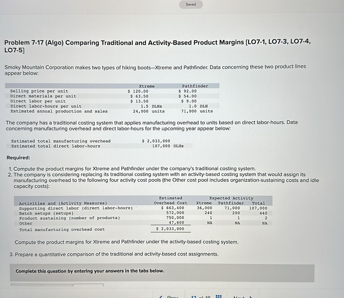 Solved Problem 7-17 (Algo) Comparing Traditional and | Chegg.com