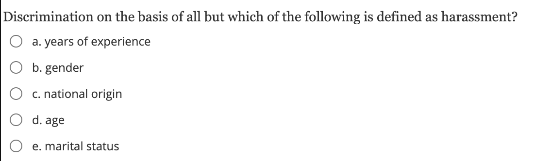 Solved Discrimination on the basis of all but which of the | Chegg.com