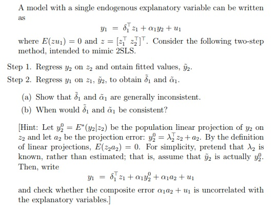 A model with a single endogenous explanatory variable | Chegg.com