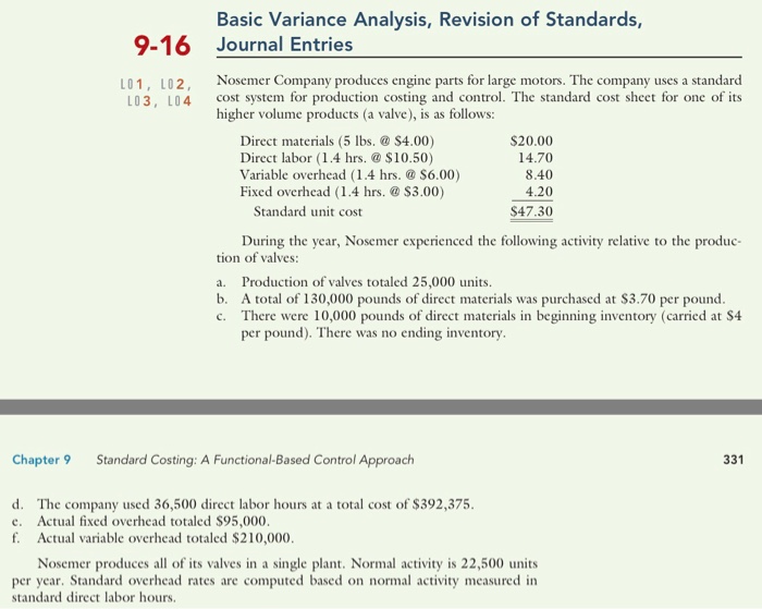 Solved Basic Variance Analysis, Revision of Standards, 9-16 | Chegg.com