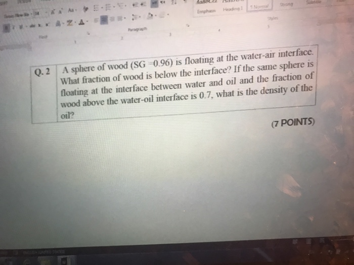 Solved hie sphere of wood (SG 0.96) is floating at the | Chegg.com