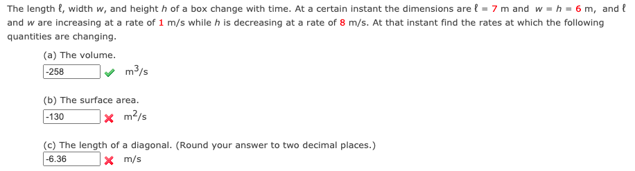 Solved The length l, width w, and height h of a box change | Chegg.com