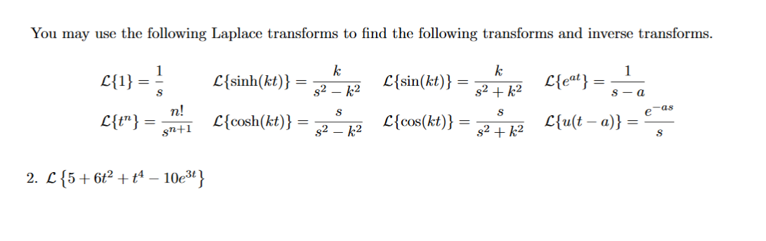 Solved You may use the following Laplace transforms to find | Chegg.com