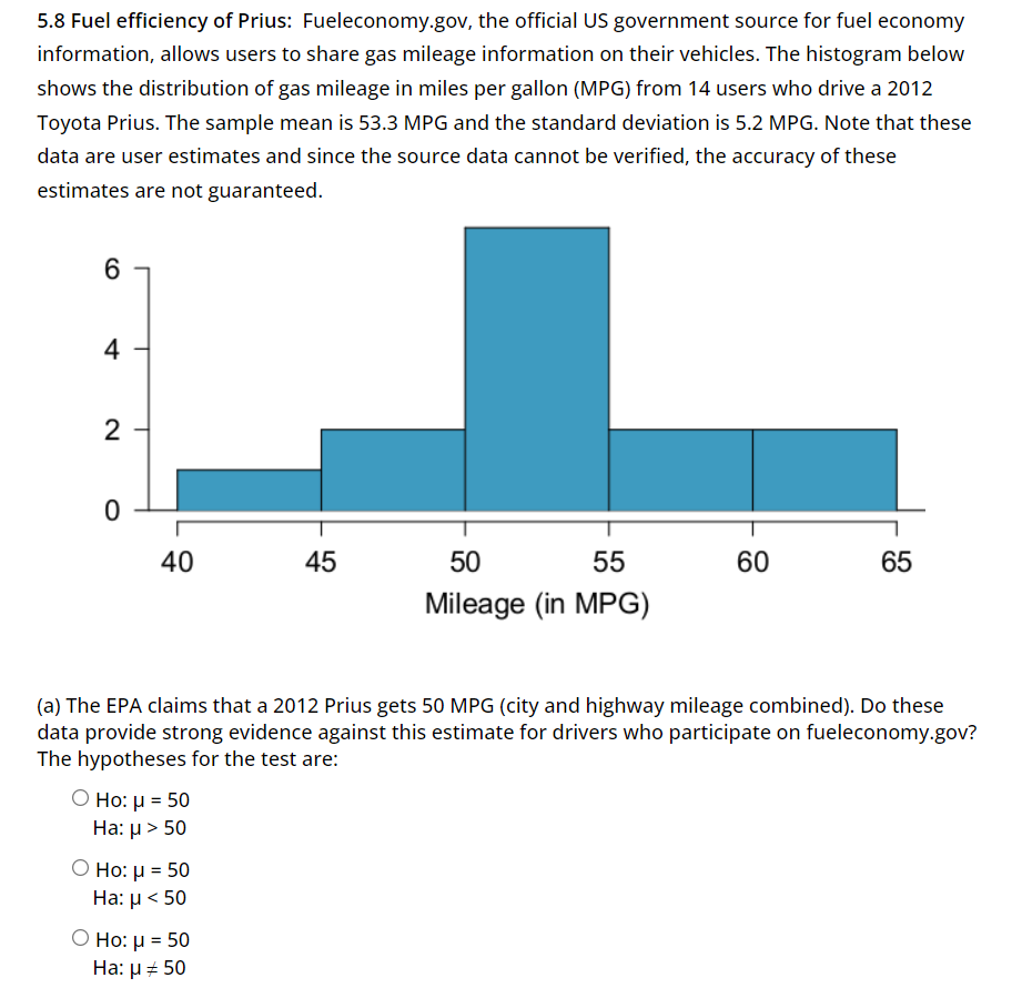 Solved 5.8 Fuel efficiency of Prius: Fueleconomy.gov, the | Chegg.com