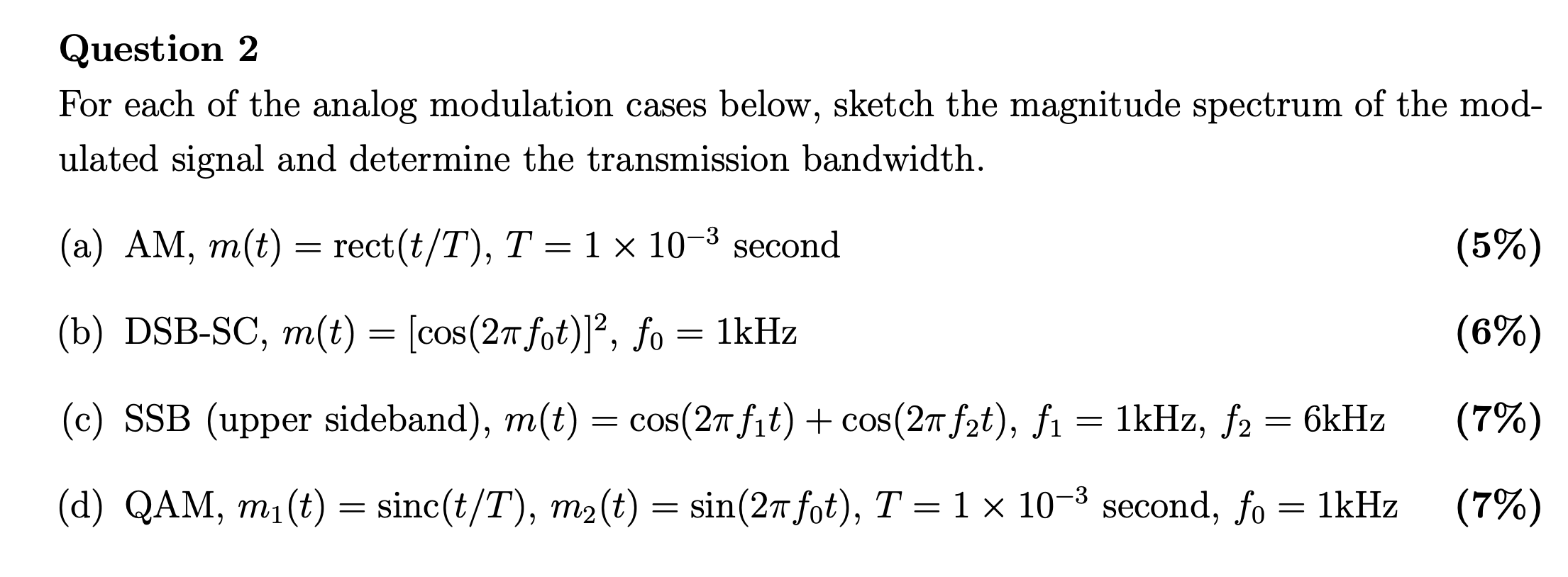 Solved Question 2 For each of the analog modulation cases | Chegg.com