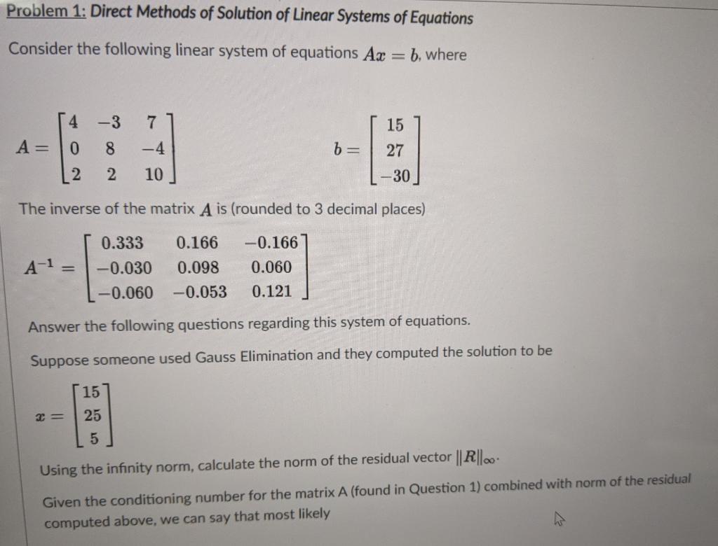 Solved Problem 1: Direct Methods of Solution of Linear | Chegg.com