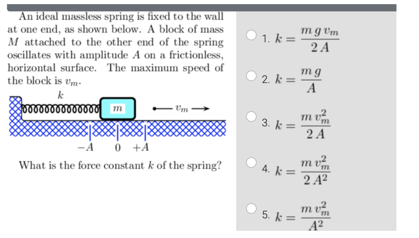 Solved O = m g Um 1. k= 2 A An ideal massless spring is | Chegg.com