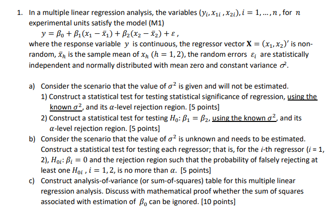 1. In a multiple linear regression analysis, the | Chegg.com