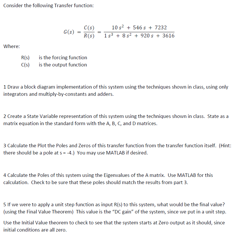 Solved Consider the following Transfer function: | Chegg.com