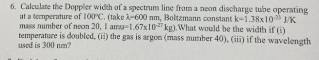 Solved 6. Calculate the Doppler width of a spectrum line | Chegg.com
