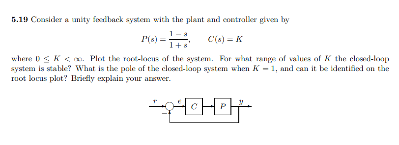 Solved 5.19 Consider a unity feedback system with the plant | Chegg.com