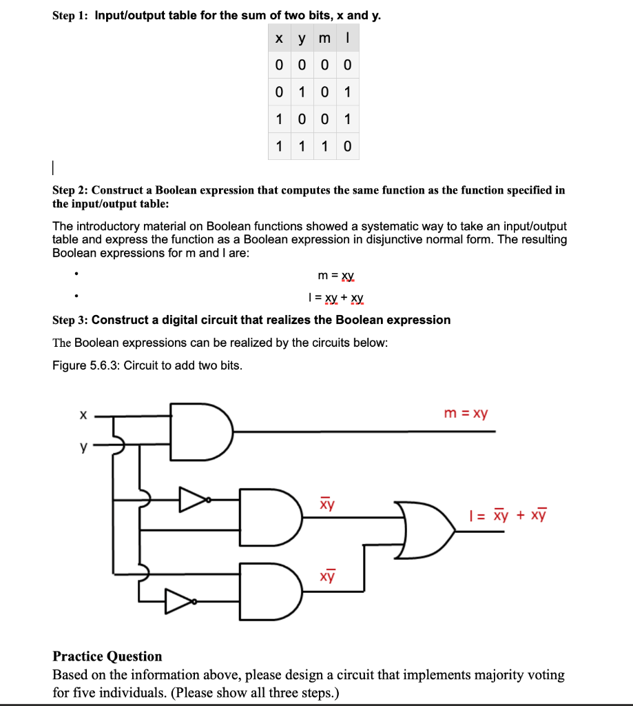 Solved Step 1: Input/output table for the sum of two bits, x | Chegg.com