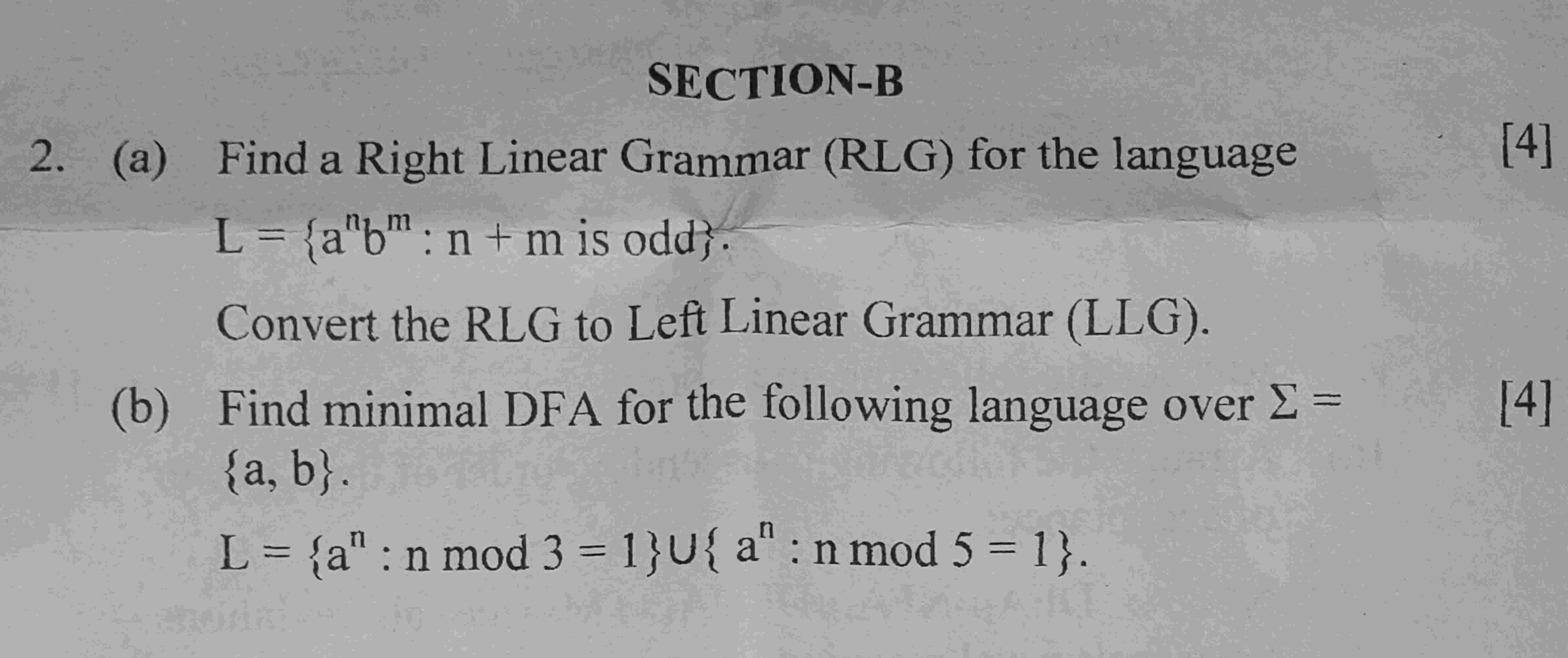 Solved SECTION-B(a) ﻿Find a Right Linear Grammar (RLG) ﻿for | Chegg.com