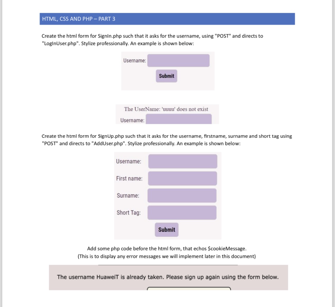 Solved For the pages: Forum.php, Homepage.php, SignIn.php, | Chegg.com