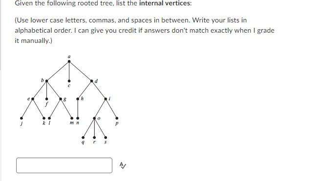 Solved Given the following rooted tree, list the internal | Chegg.com
