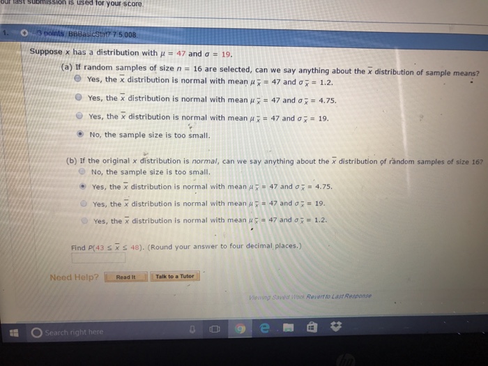 Solved Suppose x has a distribution with mu = 47 and sigma = | Chegg.com
