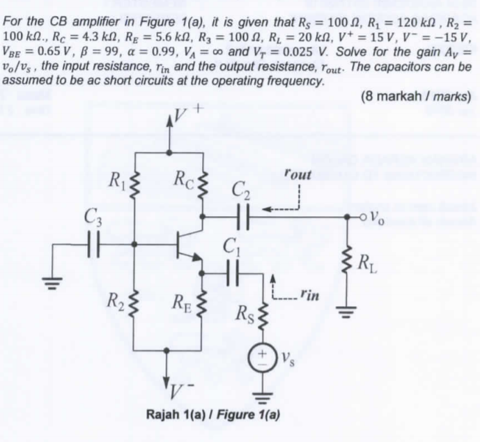 Solved For the CB amplifier in Figure 1 (a), it is given | Chegg.com