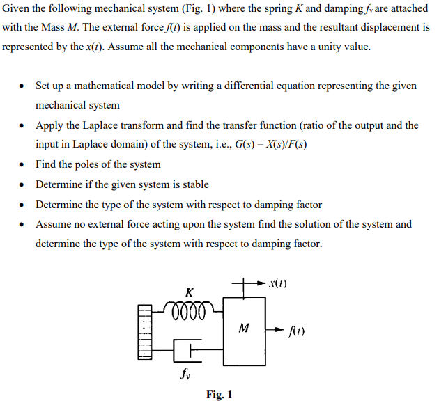 Solved Given the following mechanical system (Fig. 1) where | Chegg.com