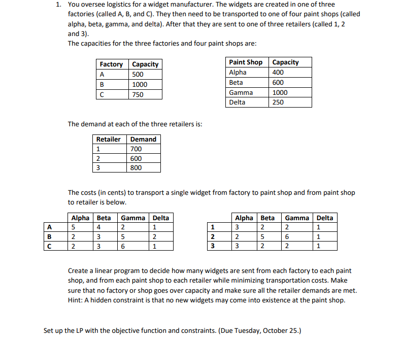 1. You oversee logistics for a widget manufacturer. | Chegg.com