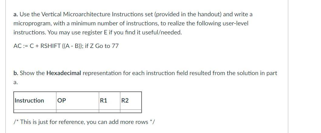 Solved a. Use the Vertical Microarchitecture Instructions | Chegg.com