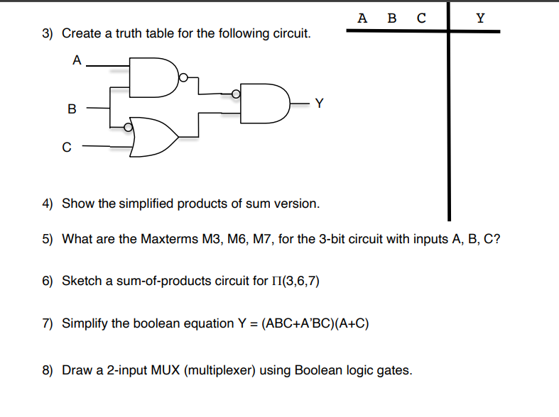 Solved А в с Y 3) Create a truth table for the following | Chegg.com