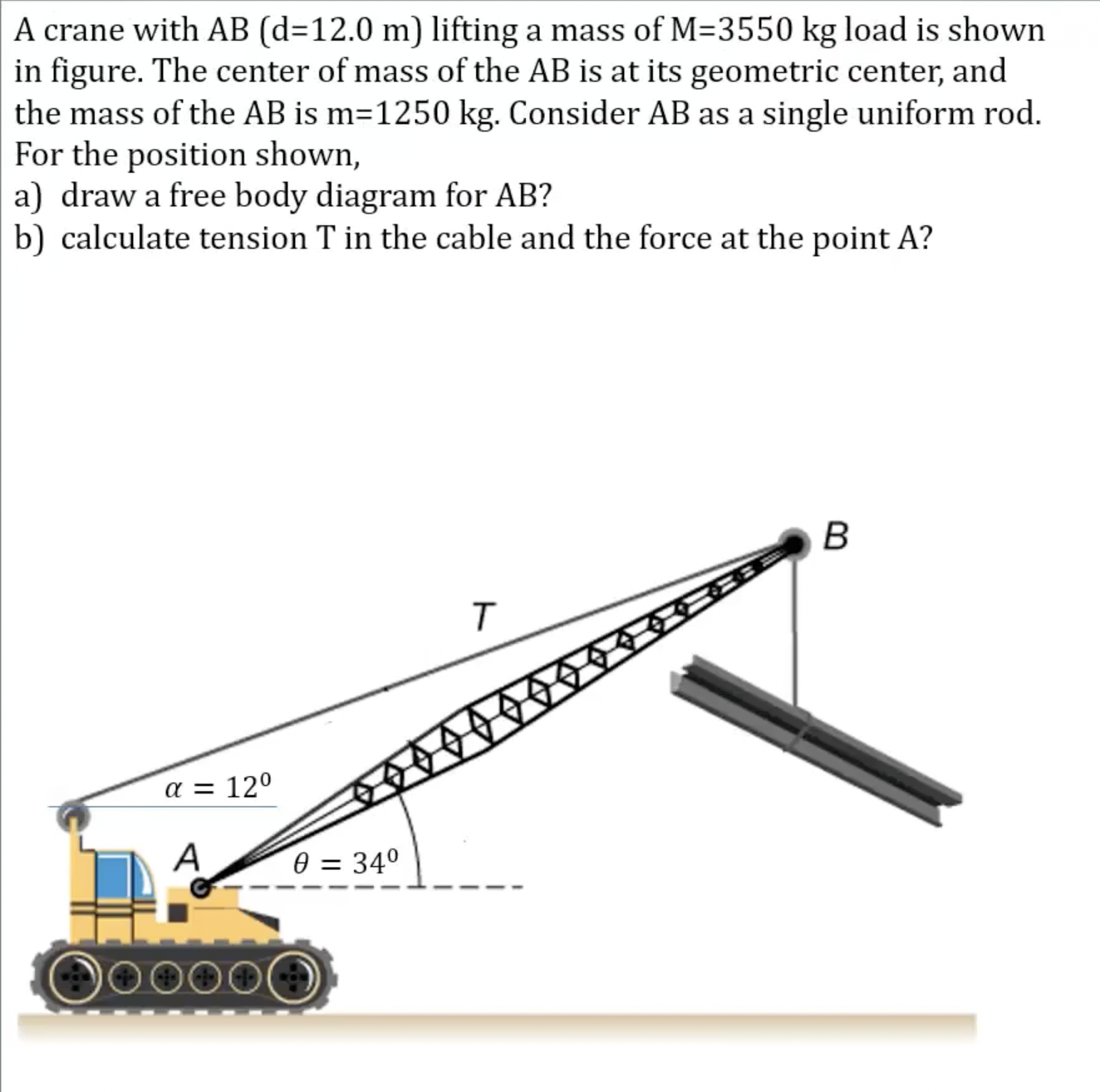 Solved A crane with AB( d=12.0 m) lifting a mass of M=3550 | Chegg.com