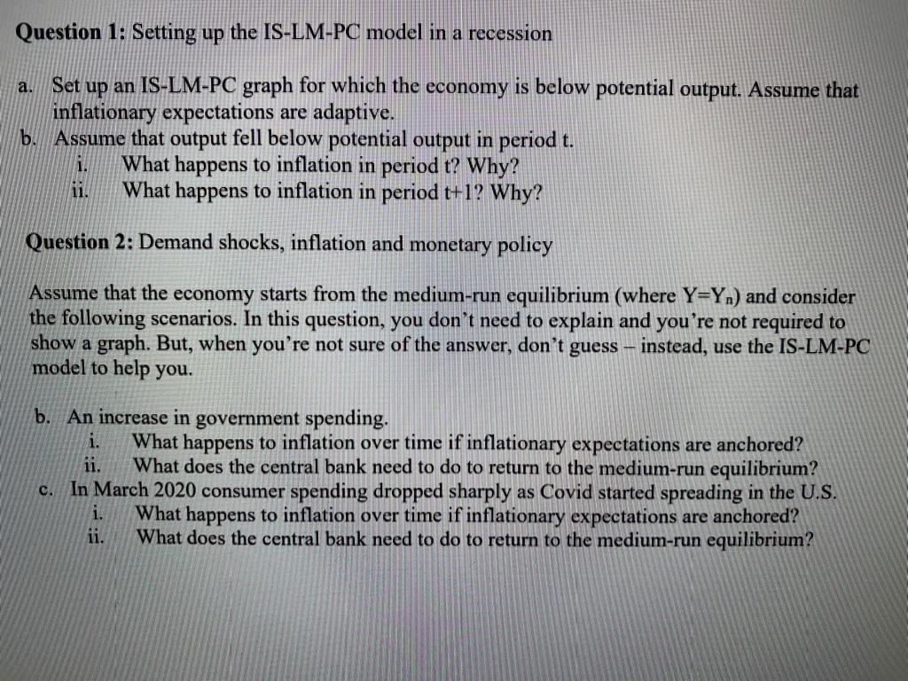 Solved Question 1: Setting up the IS-LM-PC model in a | Chegg.com