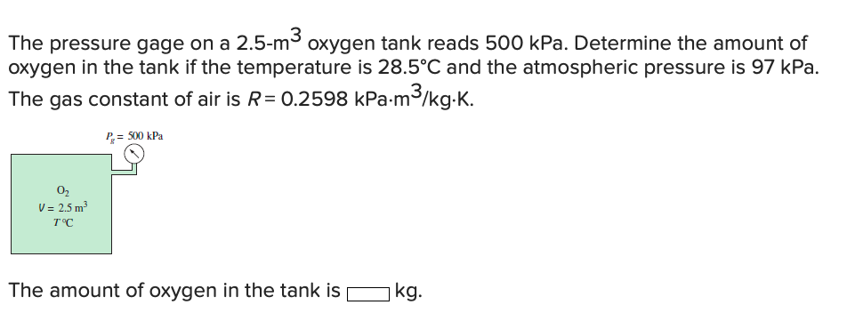 Solved The pressure gage on a 2.5-m3 oxygen tank reads 500 | Chegg.com