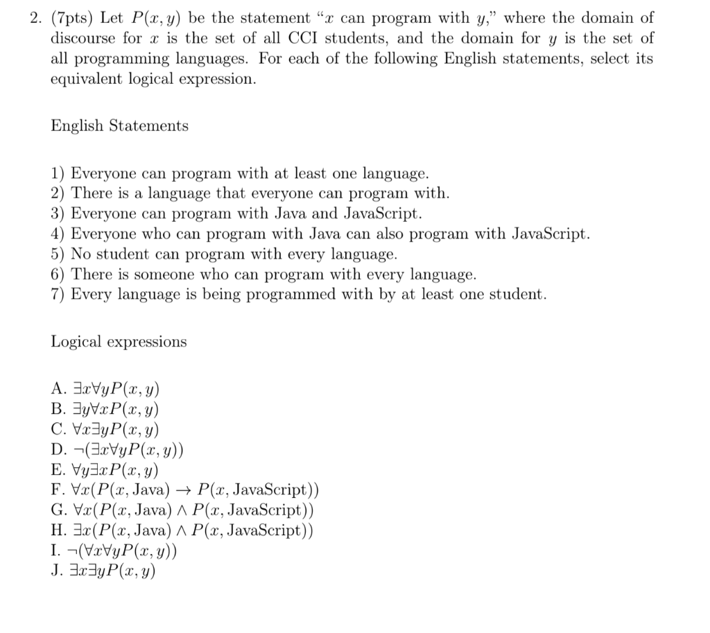 Solved 2. (7pts) Let P(x, y) be the statement “x can program | Chegg.com